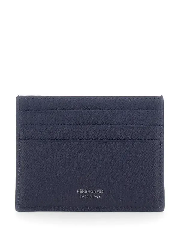 FERRAGAMO Blue Card Holder With Micro Gancini On The Front And Logo Lettering On The Back In Grained Leather For - Multicolor