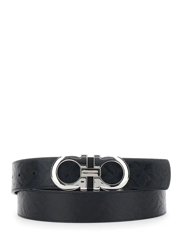 FERRAGAMO Reversible Belt With Gancini Buckle Closure In Grained Leather For - Black