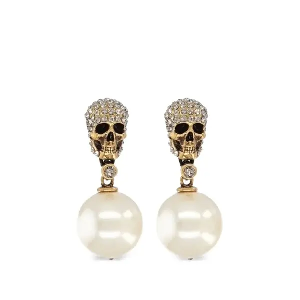 Alexander McQueen Crystal Skull Faux Pearl Drop Earrings - Gold