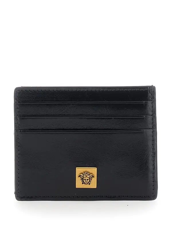 Versace Black Card Holder With Embossed Logo On The Front In Leather For