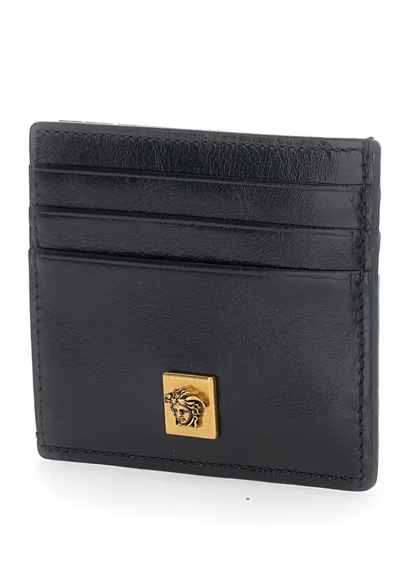 Versace Black Card Holder With Embossed Logo On The Front In Leather For - Multicolor