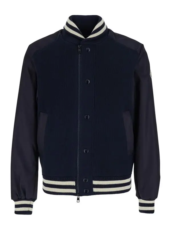 Moncler Cardigan Blue With Zip And High Collar In Polyamide - Multicolor