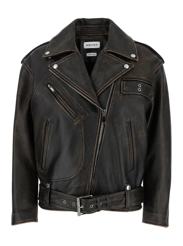 Alexander McQueen Antiqued Brown Biker Jacket With Wide Classic Lapels And Decentralized Zip Closure In Leather - Multicolor