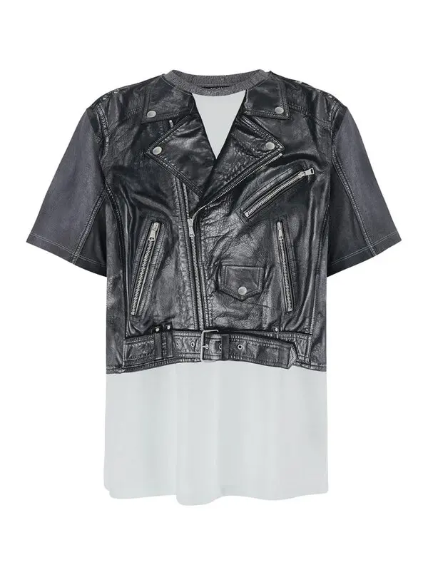Balmain Black And White Crewneck T-shirt With Layered Design In Cotton - Multicolor
