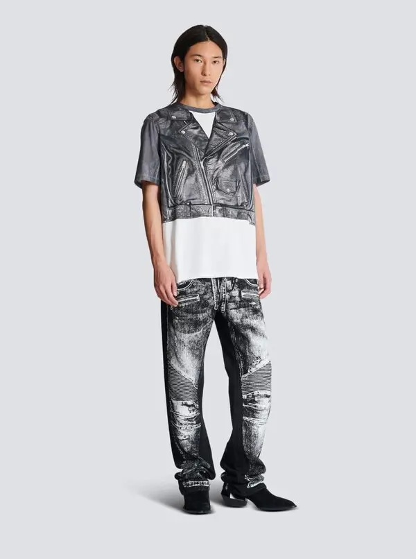 Balmain Black And White Crewneck T-shirt With Layered Design In Cotton - Multicolor