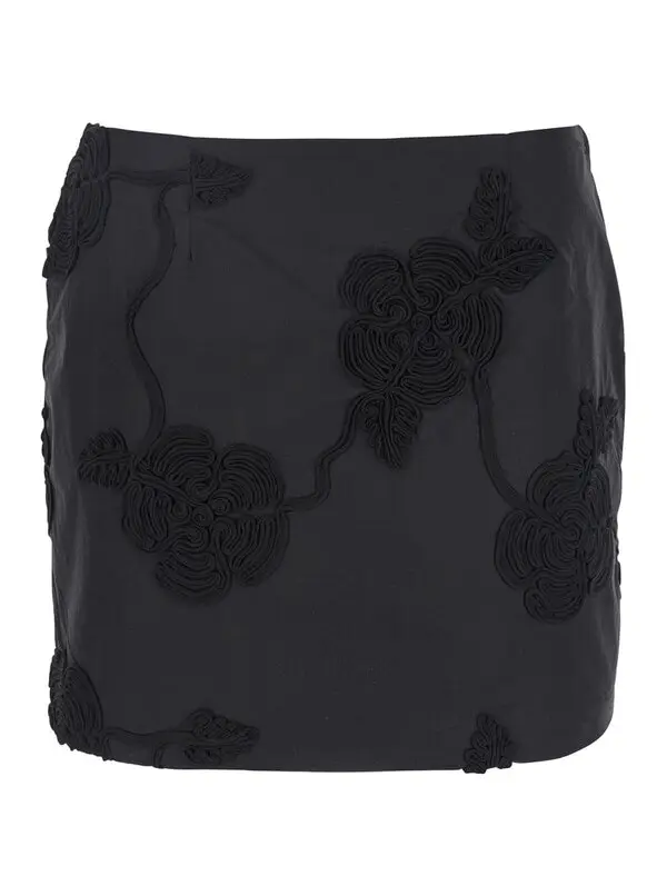 ROTATE BY BIRGER CHRISTENSEN Black Mini Skirt With 3d Floral Details Applied All-over In Cotton - Multicolor