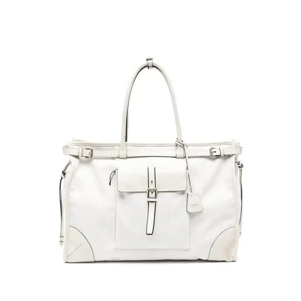 Prada Denim Tote Bag With Leather Trim - Cream