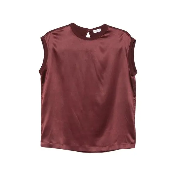 Brunello Cucinelli Satin Finish Round Neck Cap Sleeves Blouse - Red