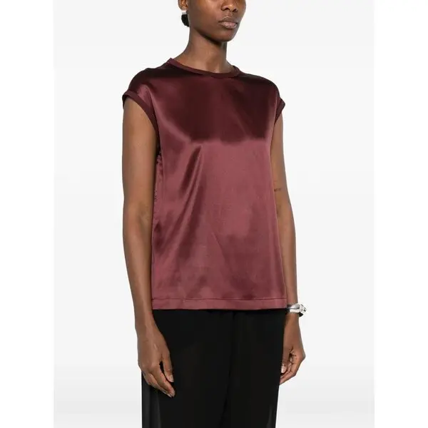 Brunello Cucinelli Satin Finish Round Neck Cap Sleeves Blouse - Red