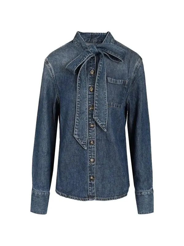 SELF-PORTRAIT Shirt With Bow - Blue