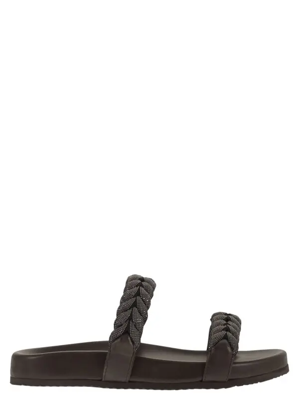 Brunello Cucinelli Leather Slide Sandals With Braided Straps - Brown