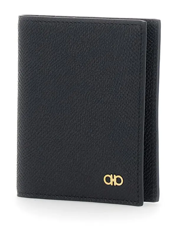 FERRAGAMO Micro Gancini' Black Card Holder Bi-fold With Logo In Grained Leather - Multicolor