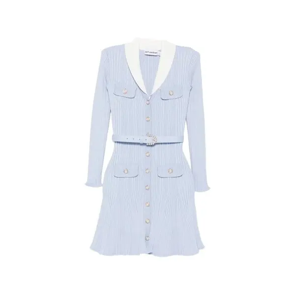 SELF-PORTRAIT Ribbed Knit Mini Dress - Blue