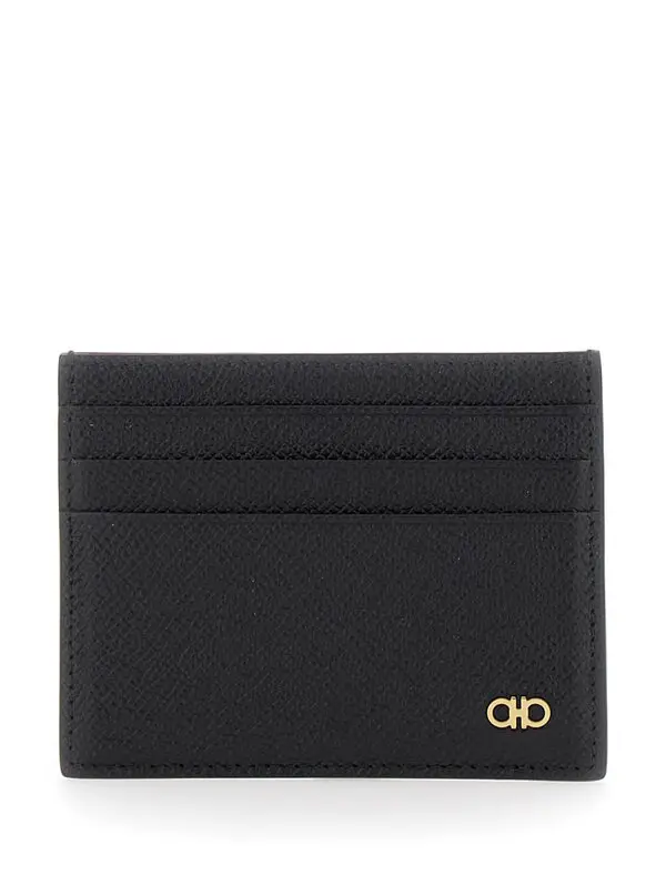 FERRAGAMO Card Holder With Micro Gancini On The Front And Logo Lettering On The Rear In Grained Leather - Black