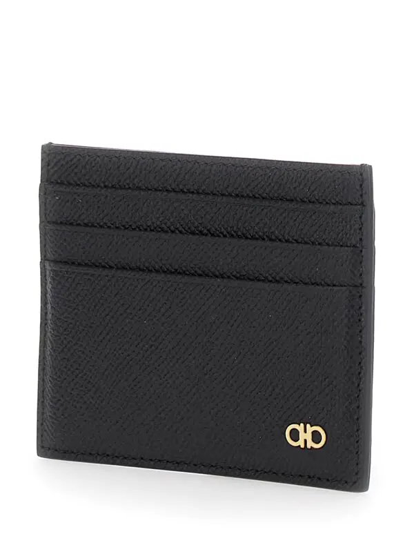 FERRAGAMO Card Holder With Micro Gancini On The Front And Logo Lettering On The Rear In Grained Leather - Black