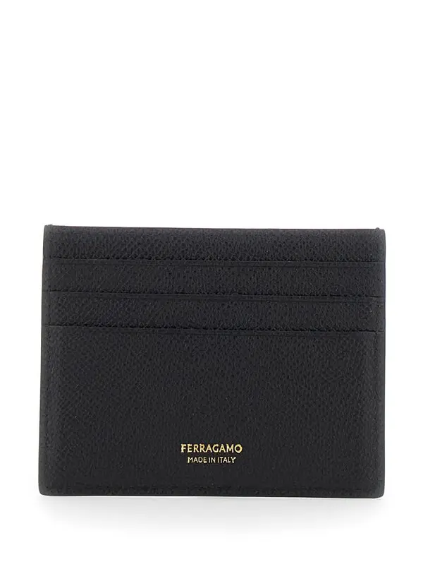 FERRAGAMO Card Holder With Micro Gancini On The Front And Logo Lettering On The Rear In Grained Leather - Black
