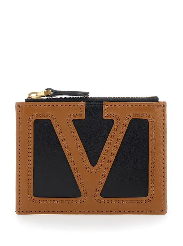Valentino Garavani Brown Card Holder With Contrasting Maxi Vlogo On The Front And Coin Purse With Zip In Leather For - Multicolor