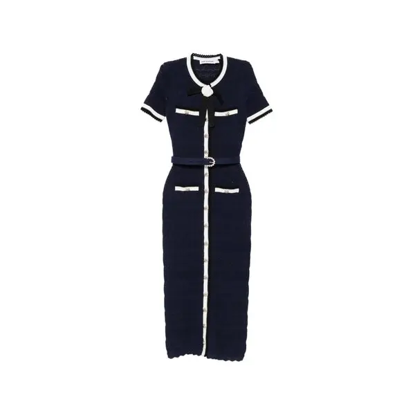 SELF-PORTRAIT Pointelle Knit Bow Detail Day Dress - Blue