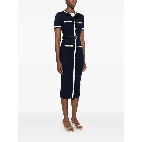 SELF-PORTRAIT Pointelle Knit Bow Detail Day Dress - Blue