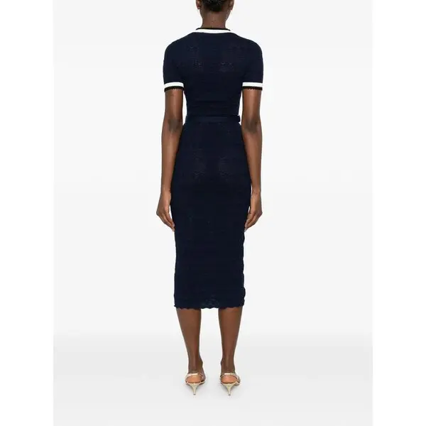 SELF-PORTRAIT Pointelle Knit Bow Detail Day Dress - Blue