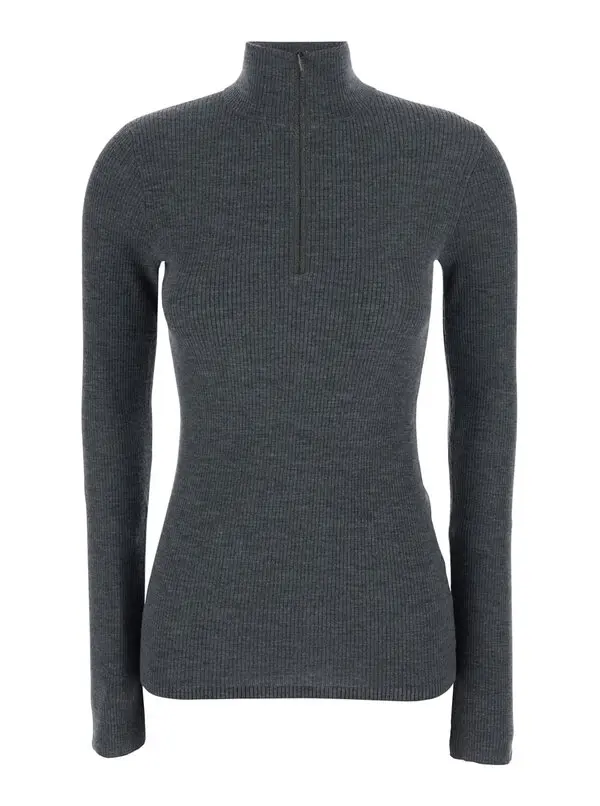 Brunello Cucinelli Turtleneck Sweater With Half Zip On The Front In Wool And Cashmere For - Gray