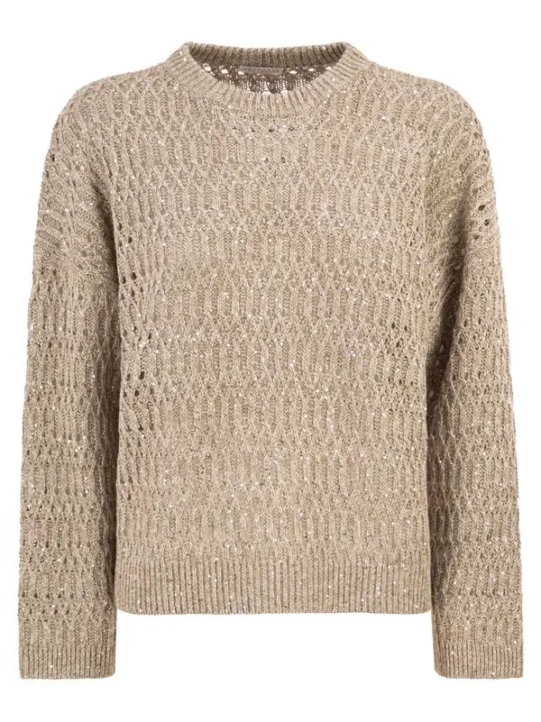 Brunello Cucinelli Linen Openwork Crew Neck Jumper With Sequins