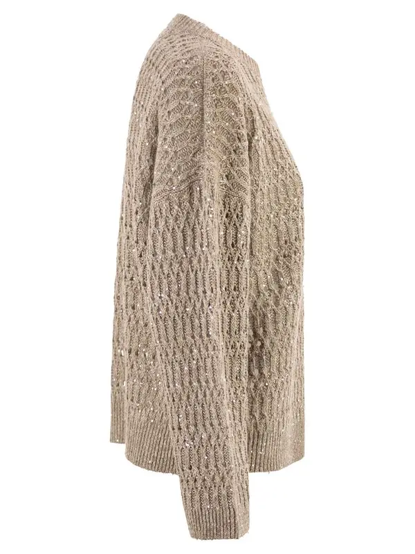 Brunello Cucinelli Linen Openwork Crew Neck Jumper With Sequins
