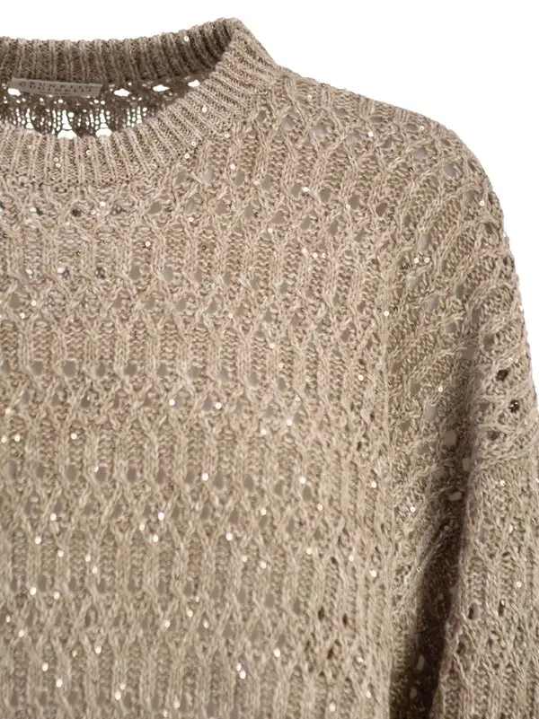 Brunello Cucinelli Linen Openwork Crew Neck Jumper With Sequins