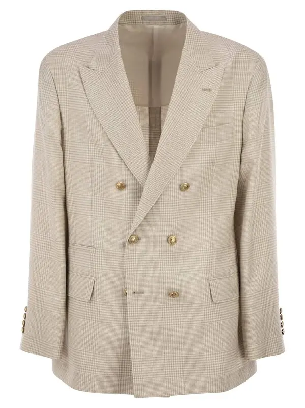Brunello Cucinelli Deconstructed One-and-a-half-breasted Jacket In Virgin Wool, Silk And Linen Prince Of Wales Check With Metal Buttons - Multicolor