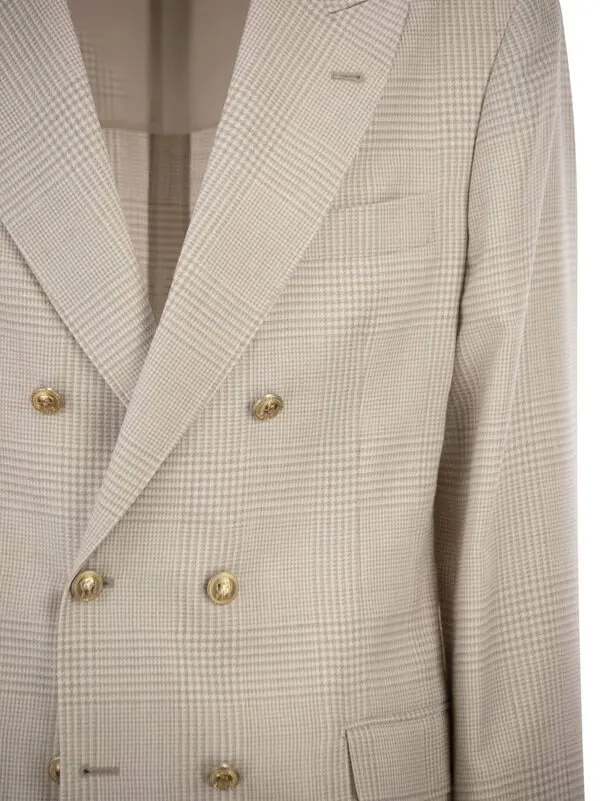 Brunello Cucinelli Deconstructed One-and-a-half-breasted Jacket In Virgin Wool, Silk And Linen Prince Of Wales Check With Metal Buttons - Multicolor