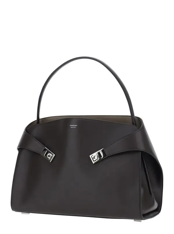 FERRAGAMO Hug Media' Black Handbag With Logo And Gancini Buckles In Leather For - Multicolor