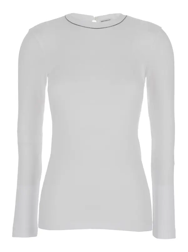 Brunello Cucinelli Monile-embellished Long Sleeve Cotton T-shirt - White