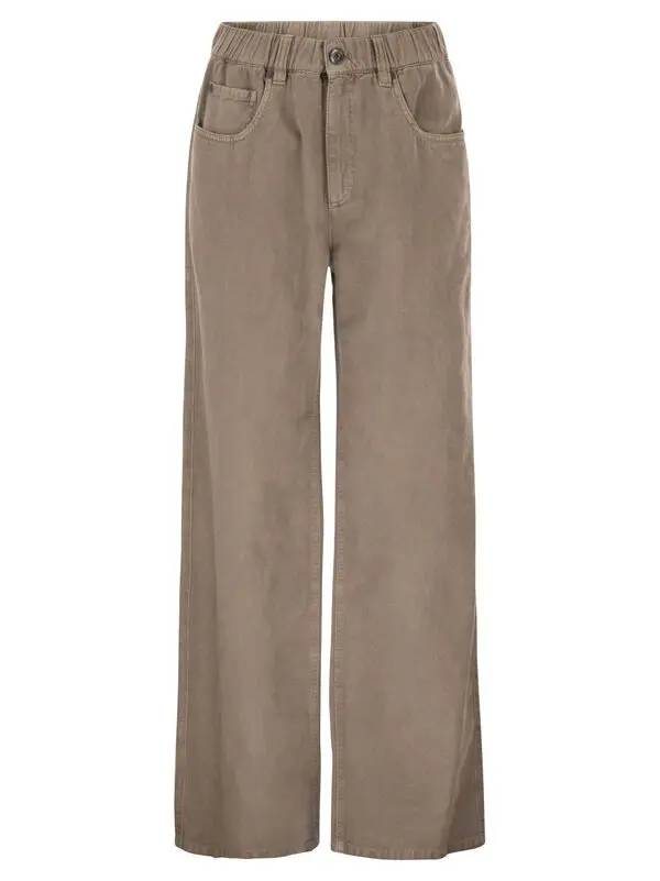 Brunello Cucinelli Contemporary Trousers In Garment-dyed Cotton And Linen Cover With Monile - Brown
