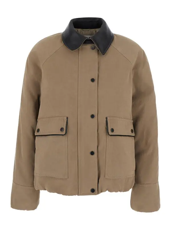 Brunello Cucinelli Beige Jacket With Leather Collar And Two Patch Pockets On The Front In Cotton Blend For - Multicolor
