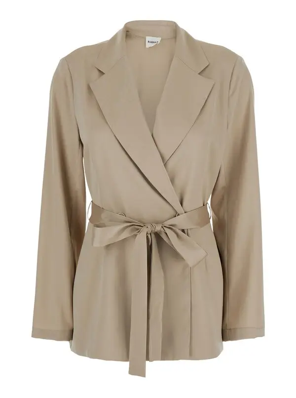 P.a.r.o.s.h Double-breasted Jacket With Notched Revers And Front Belt In Beige Tech Fabric For - Cream