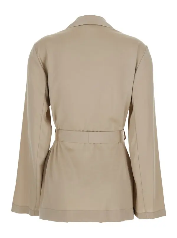 P.a.r.o.s.h Double-breasted Jacket With Notched Revers And Front Belt In Beige Tech Fabric For - Cream