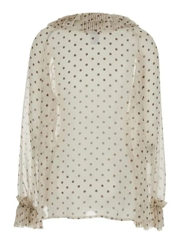 P.a.r.o.s.h Blouse With Ruffles On The Front And All-over Polka Dot Print In Tech Fabric Beige - Multicolor
