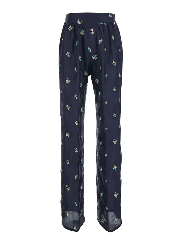 FORTE_FORTE Blue Pants With All-over Floral Embroidery In Silk - Multicolor