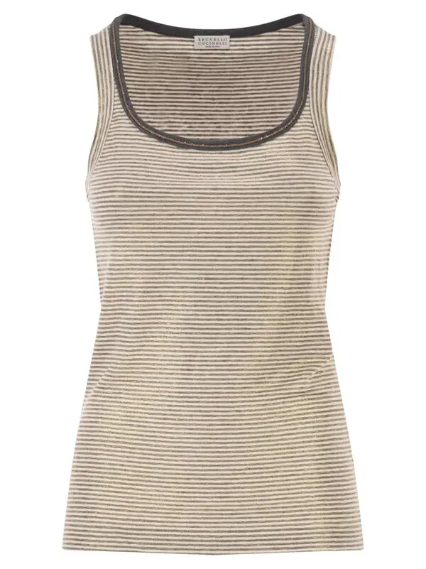 Brunello Cucinelli Striped Stretch Linen Crewneck Tank Top - Cream