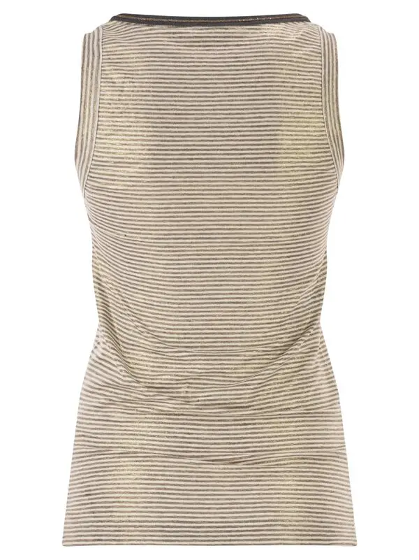 Brunello Cucinelli Striped Stretch Linen Crewneck Tank Top - Cream