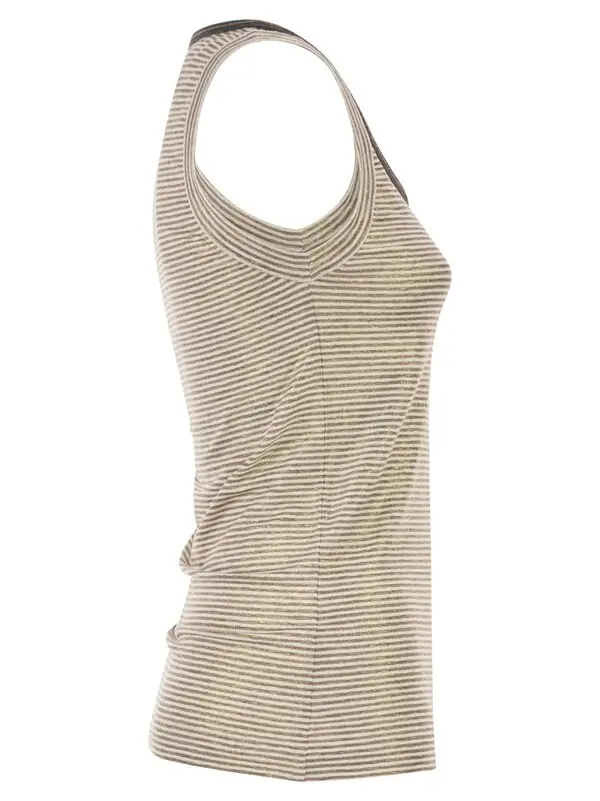 Brunello Cucinelli Striped Stretch Linen Crewneck Tank Top - Cream