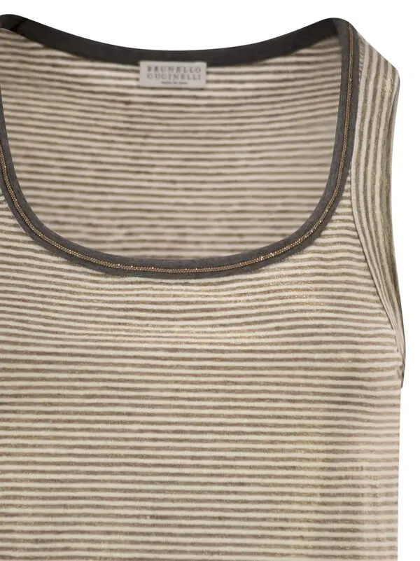 Brunello Cucinelli Striped Stretch Linen Crewneck Tank Top - Cream