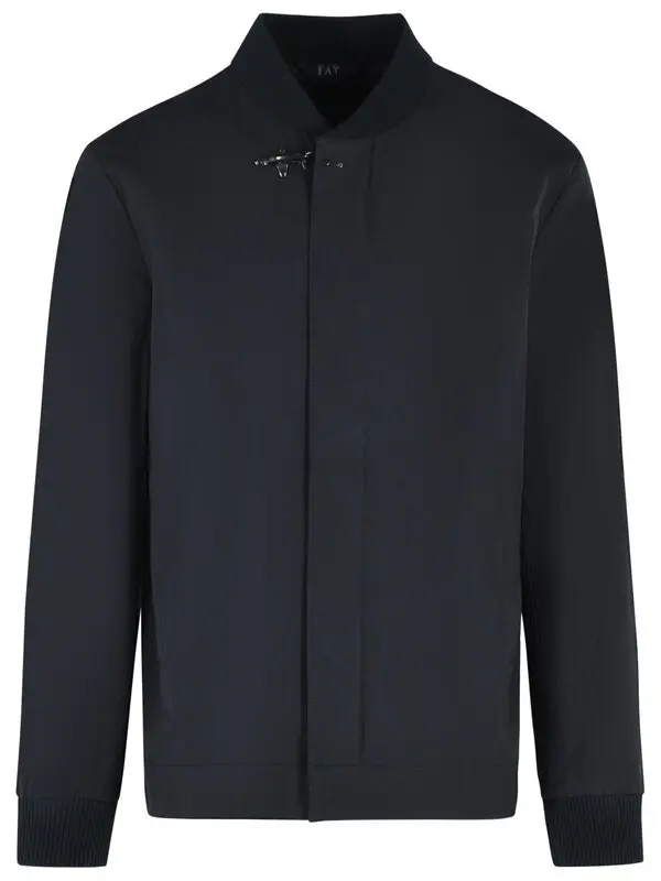 FAY Cotton Blend Microfaille Bomber Jacket - Blue