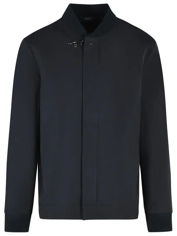 FAY Cotton Blend Microfaille Bomber Jacket - Blue