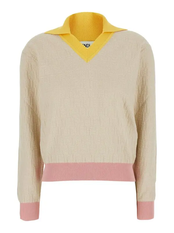 Fendi Beige Long-sleeved Sweater With V-neck And All-over Ff Motif In Cotton - Multicolor