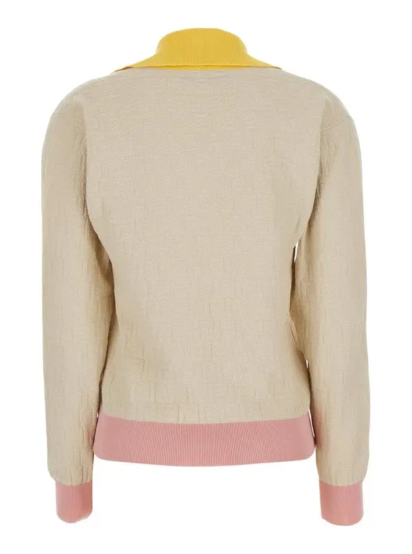 Fendi Beige Long-sleeved Sweater With V-neck And All-over Ff Motif In Cotton - Multicolor