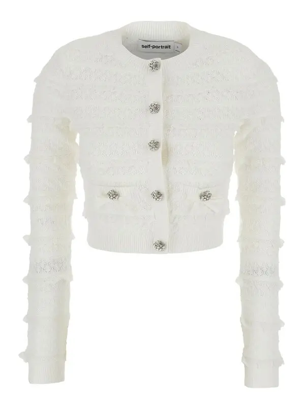 SELF-PORTRAIT Cardigan 'white Pointelle Diamante' With Long Sleeves In White Knit For - Multicolor