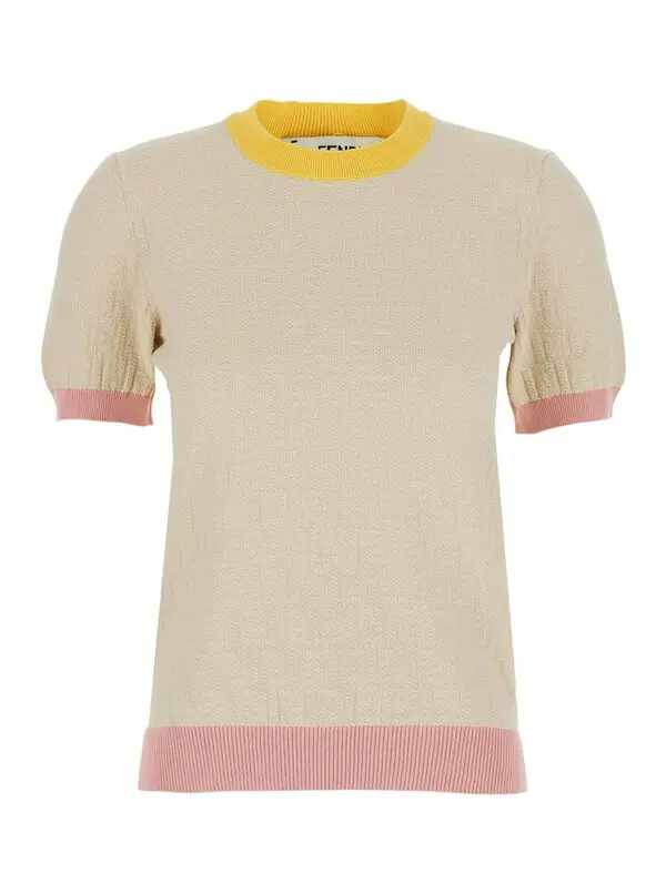 Fendi White T-shirt 'color Block Ff Short Sleeves Tee' With Logo In Cotton - Cream