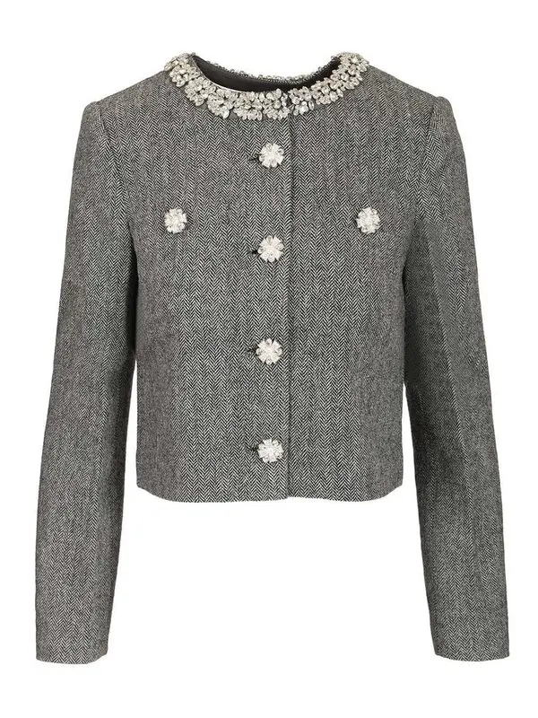 SELF-PORTRAIT Herringbone Crystal-trimmed Cropped Jacket - Gray
