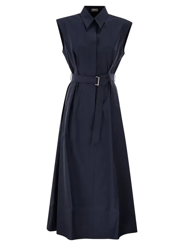Brunello Cucinelli Long Sleeveless Cotton Dress With Belt At The Waist - Blue